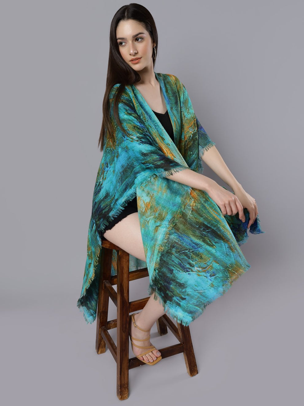 Buy Turquoise and Golden Hues Merino Wool Travel Cape for women ...
