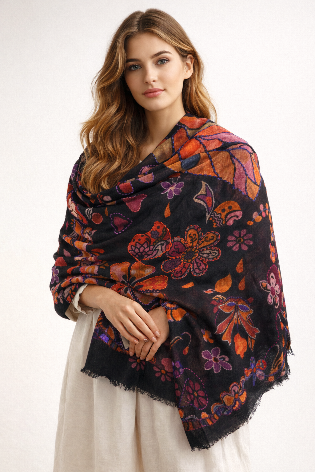 Buy Floral Merino Wool Designer Embroidered Scarf for women. – Wearable ...